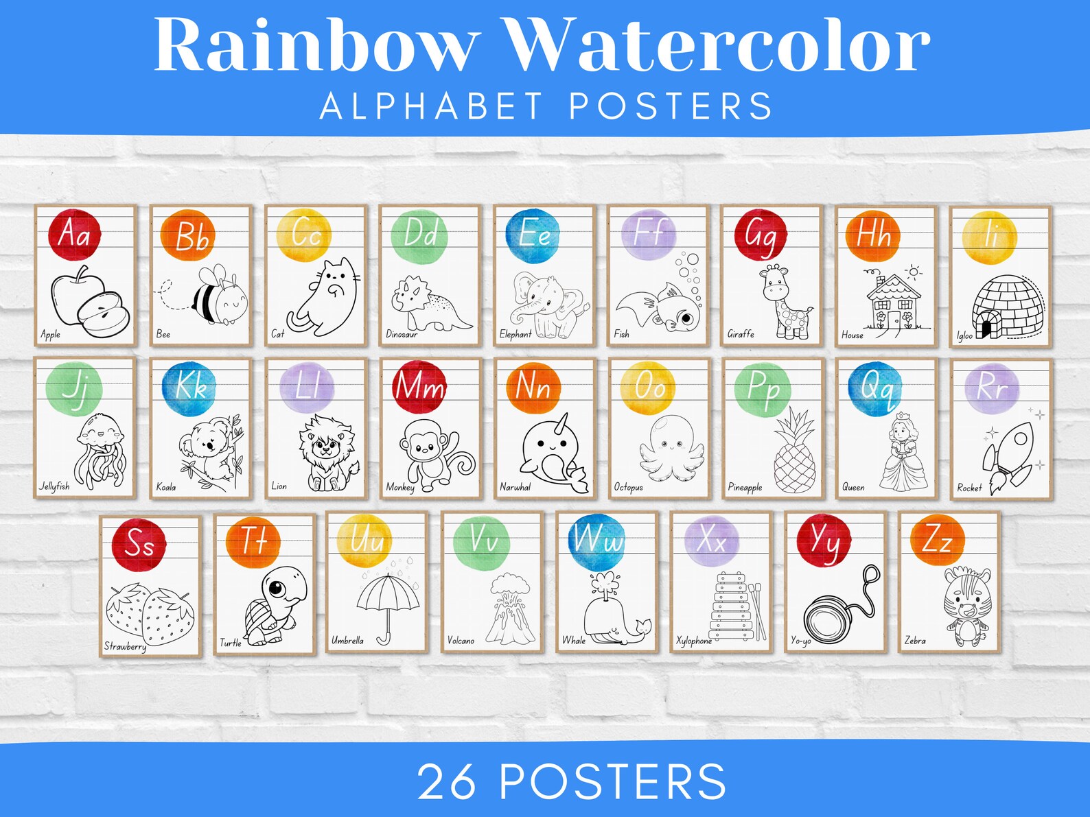Rainbow Watercolor Theme: Alphabet Poster Printable Classroom - Etsy