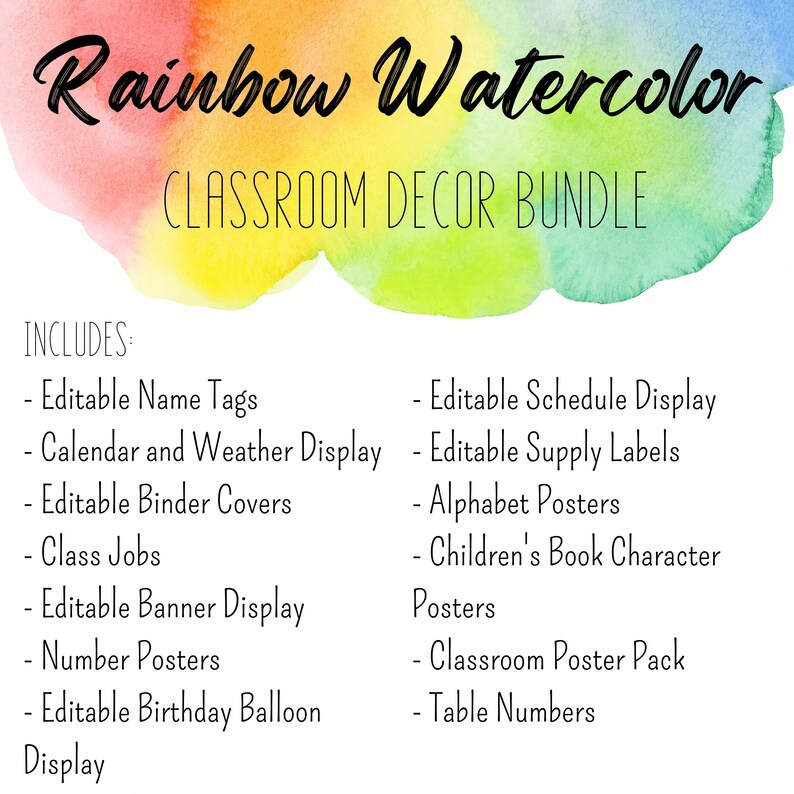Rainbow Watercolor Theme: Classroom Decor Bundle Editable - Etsy