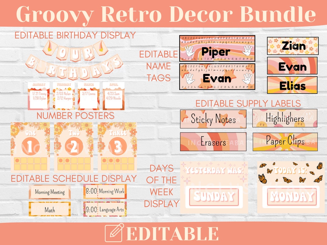 Groovy Retro Theme: Classroom Decor Bundle, Printable and Editable ...