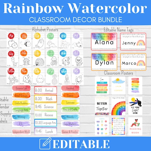 Rainbow Watercolor Theme: Classroom Decor Bundle Editable - Etsy