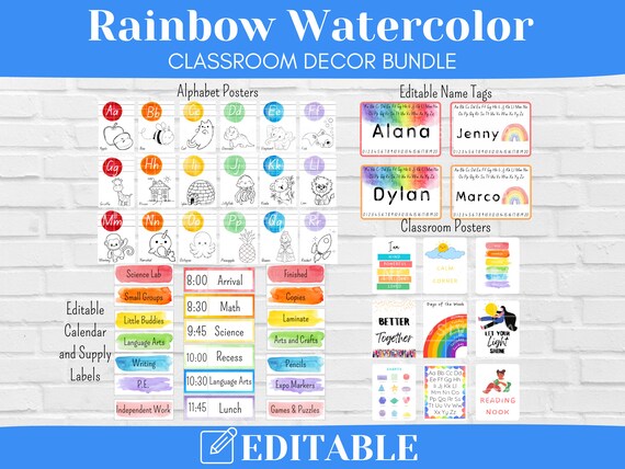 Rainbow Watercolor Theme: Classroom Decor Bundle Editable - Etsy