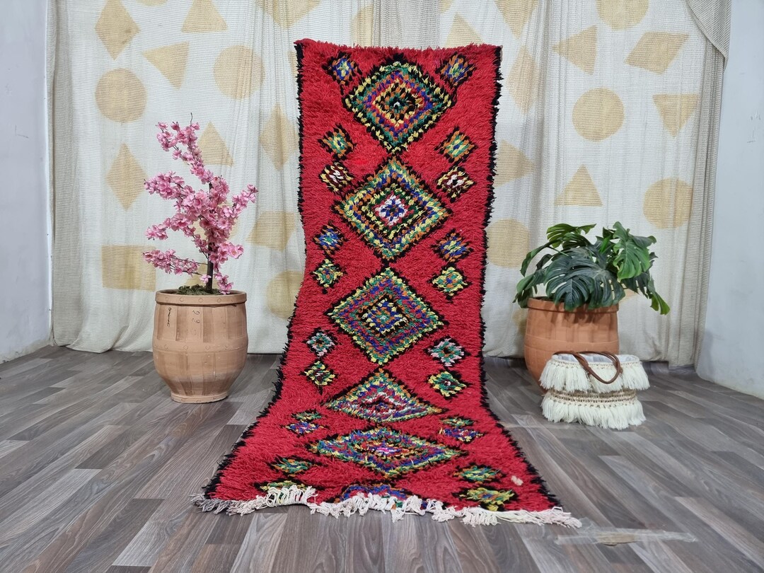 VINTAGE RUG RUNNER ,bohemian Red Colorful Rug ,unique Boujad Colorful ...