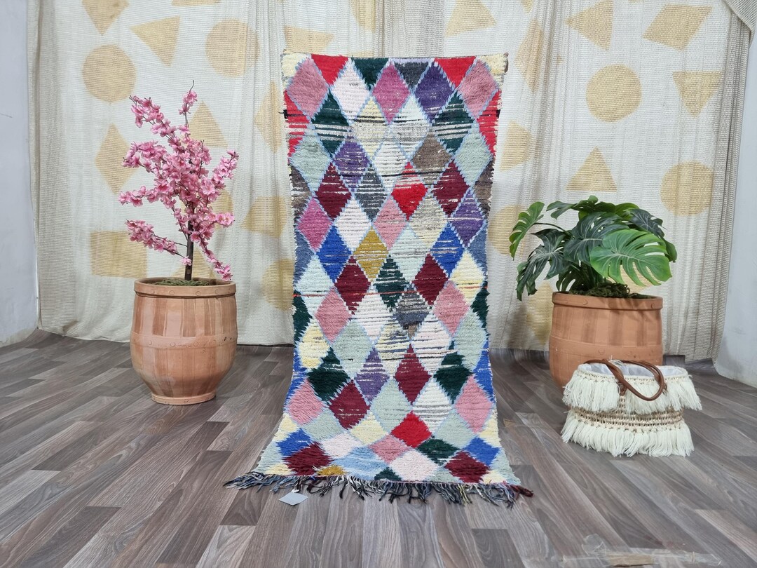 Vintage Checkered Rug Runner, Moroccan Berber Rug -colorful Boho Runner ...