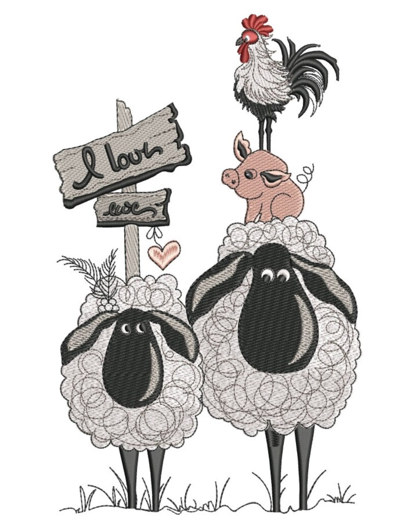 Farm Animals Embroidery Design: Sheep, Rooster, Pig (6 Sizes) - Etsy