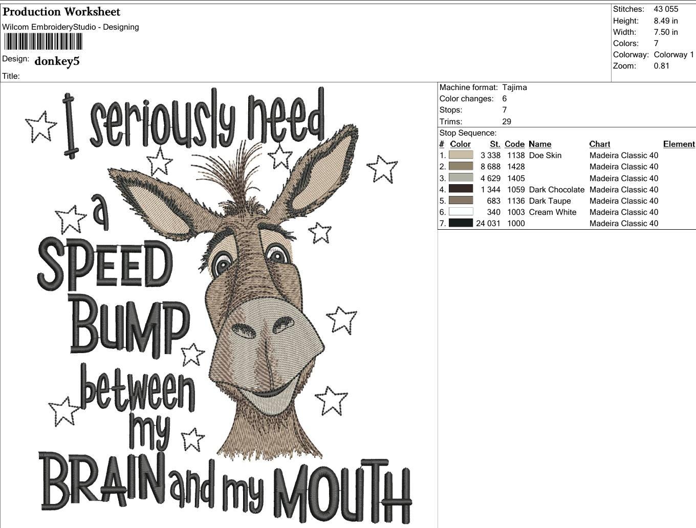 Funny Donkey Embroidery Design – Speed Bump Quote Machine Embroidery ...
