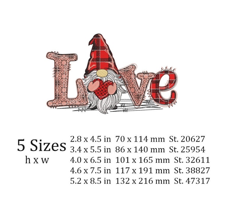 Love Gnome Embroidery Design: Valentine's Day File (5 Sizes) (digital ...