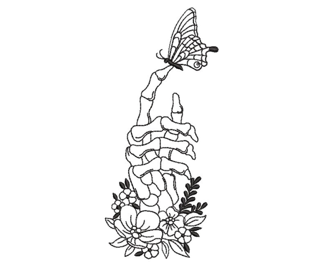 Skeleton Hand With Butterfly and Flowers Machine Embroidery Design. 4 ...
