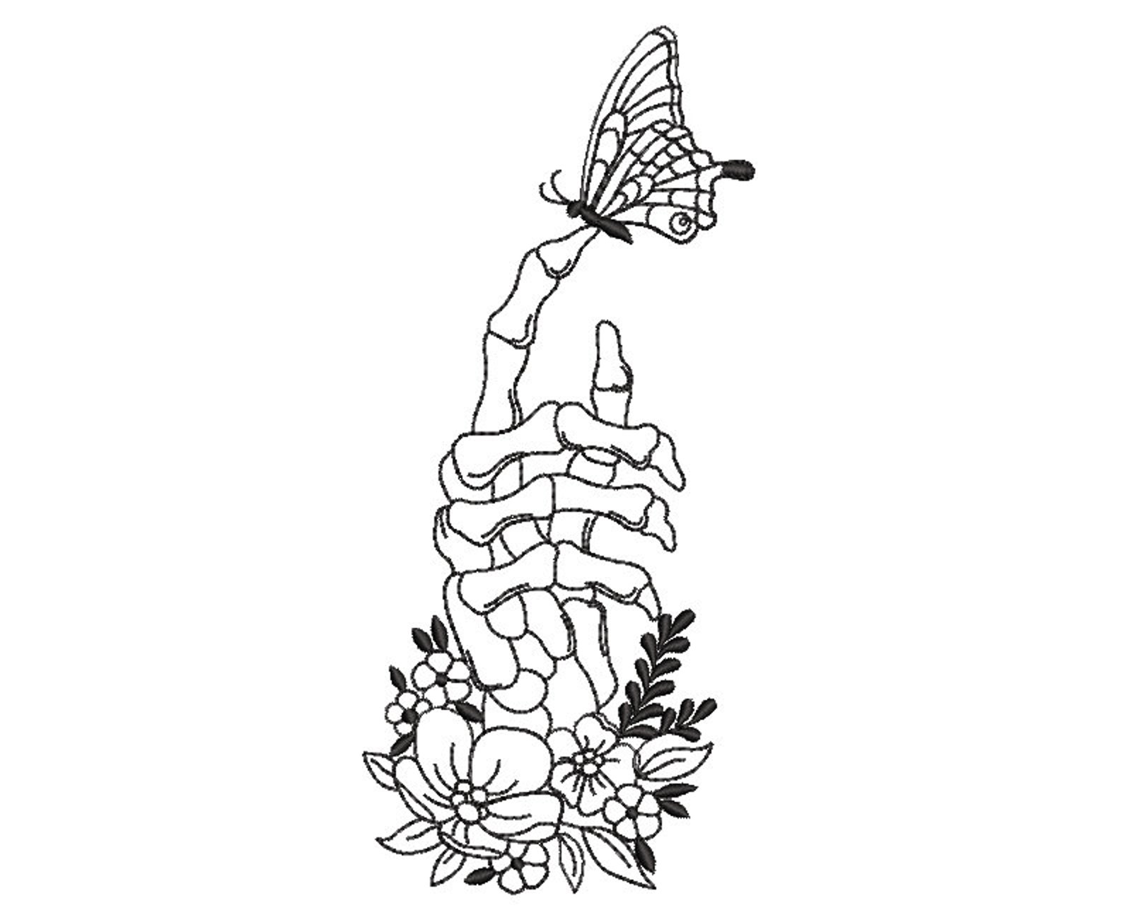 Skeleton Hand With Butterfly and Flowers Machine Embroidery Design. 4 ...