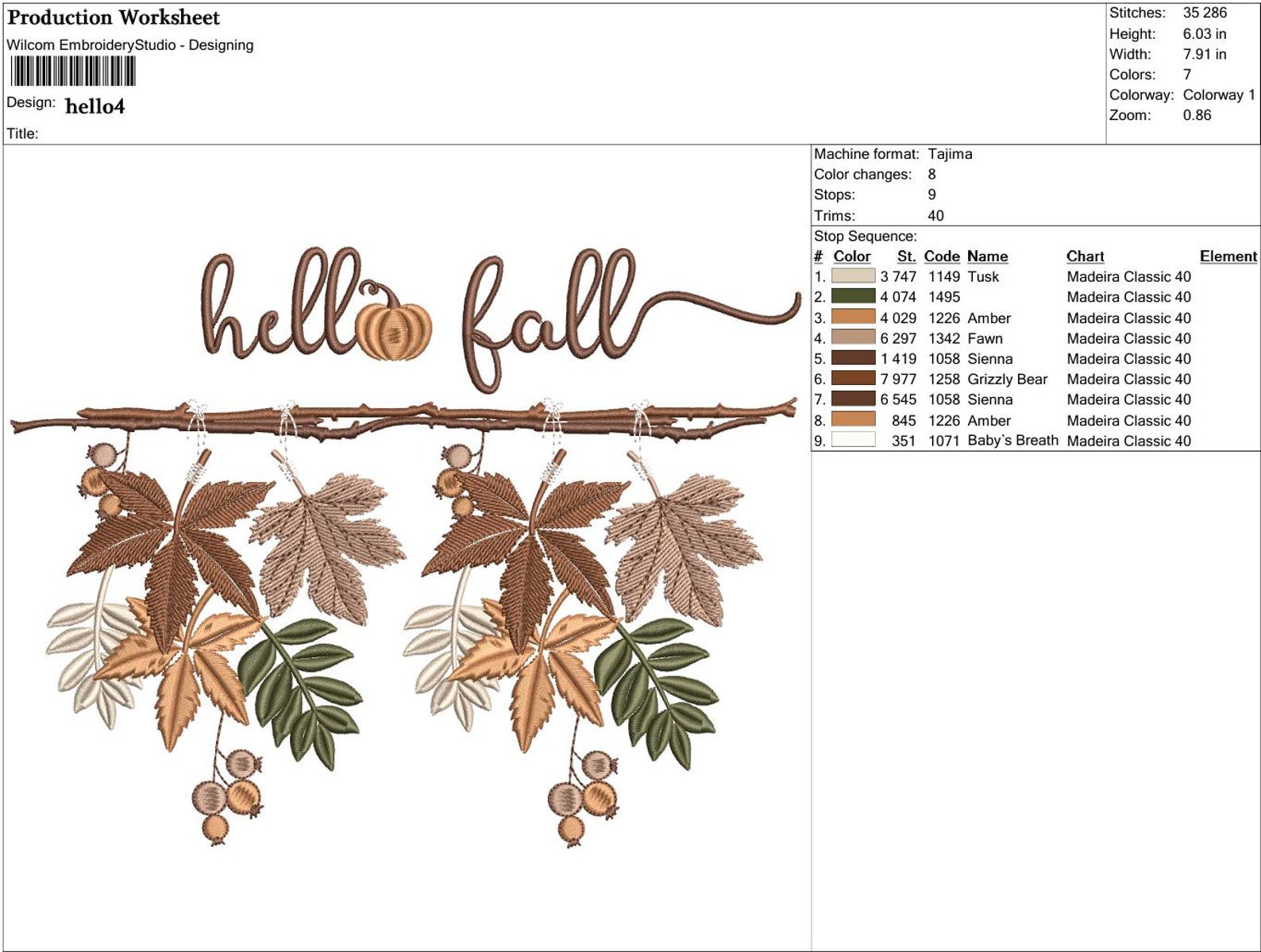 Hello Fall Embroidery Design: Autumn Leaves, Pumpkin (instant Download ...