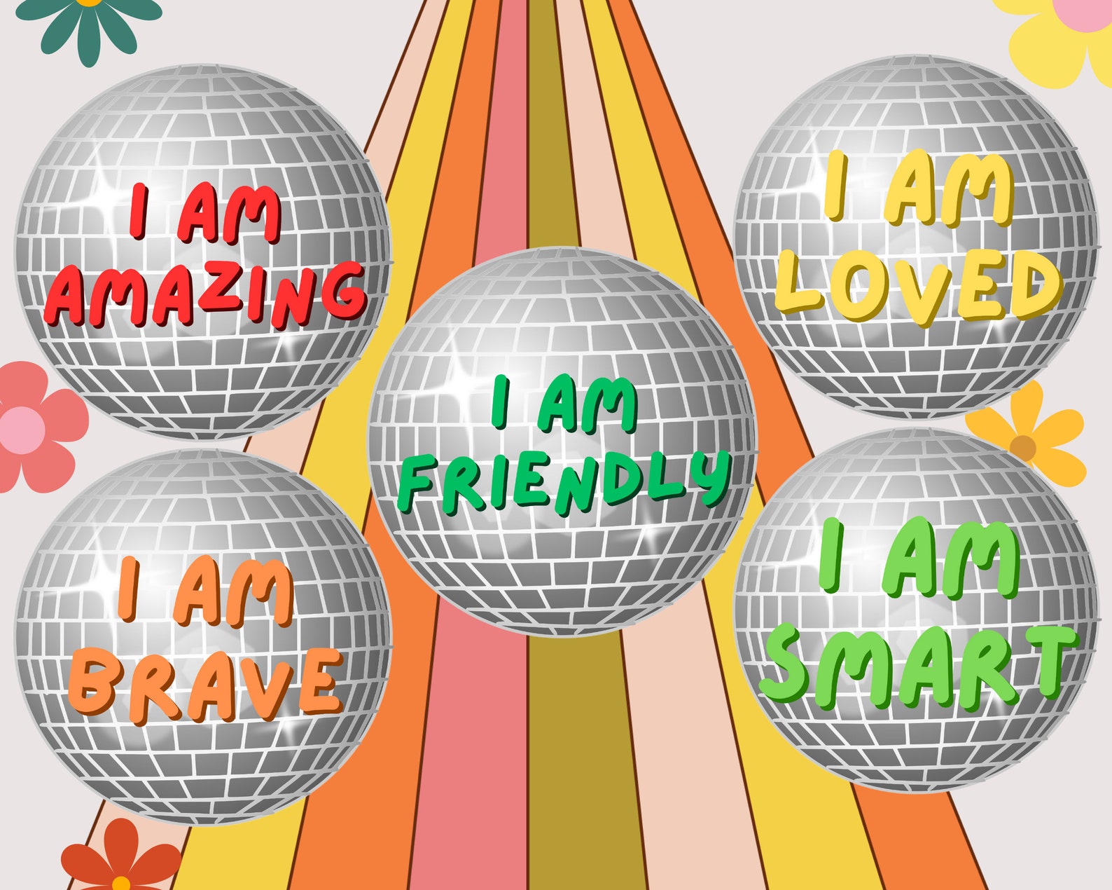 Retro Rainbow Disco Ball Positive Affirmation Stations Set of 10 ...
