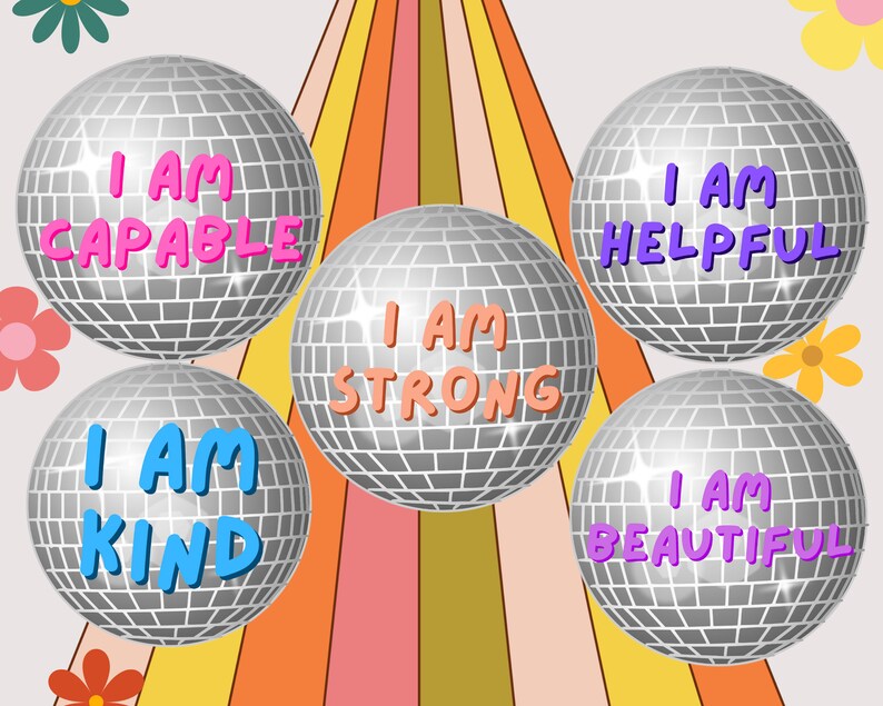 Retro Rainbow Disco Ball Positive Affirmation Stations Set of 10 ...