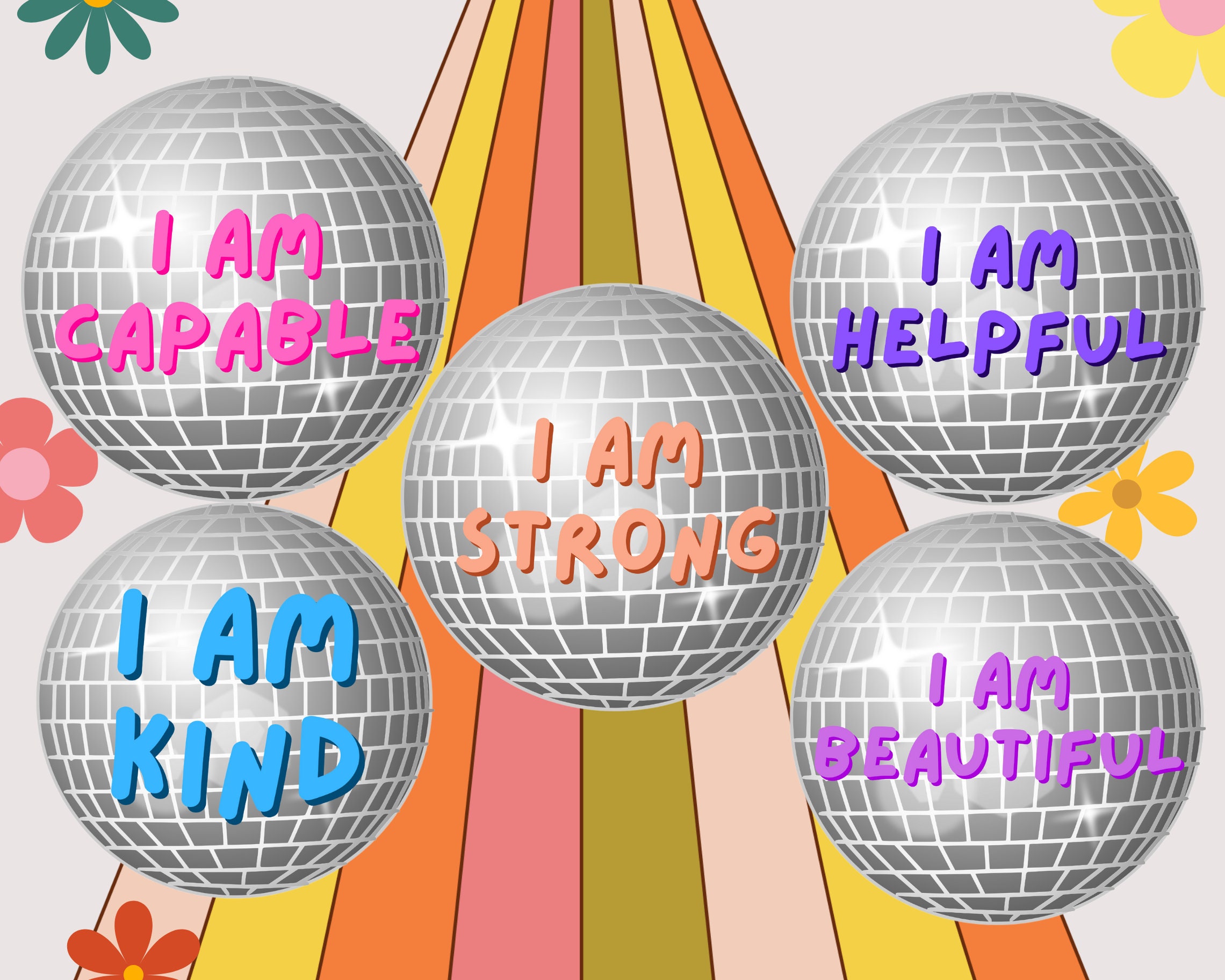 Retro Rainbow Disco Ball Positive Affirmation Stations Set of 10 ...
