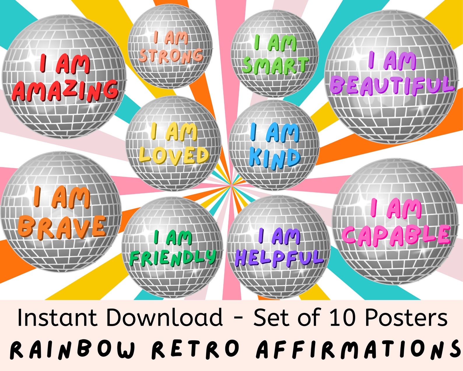 Retro Rainbow Disco Ball Positive Affirmation Stations Set of 10 ...