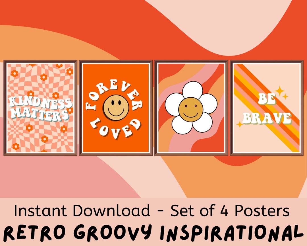 Retro Groovy Inspirational (set of 4) Printable Posters, Digital ...
