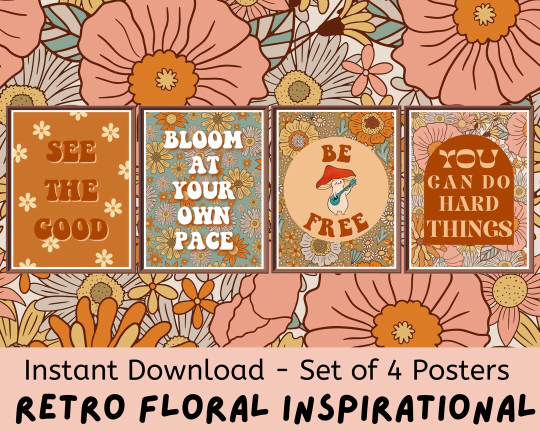 Retro Floral Inspirational (set of 4) Printable Posters, Digital ...