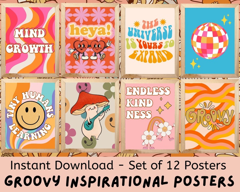 Groovy Inspirational Class set of 12 Printable Posters, Digital ...
