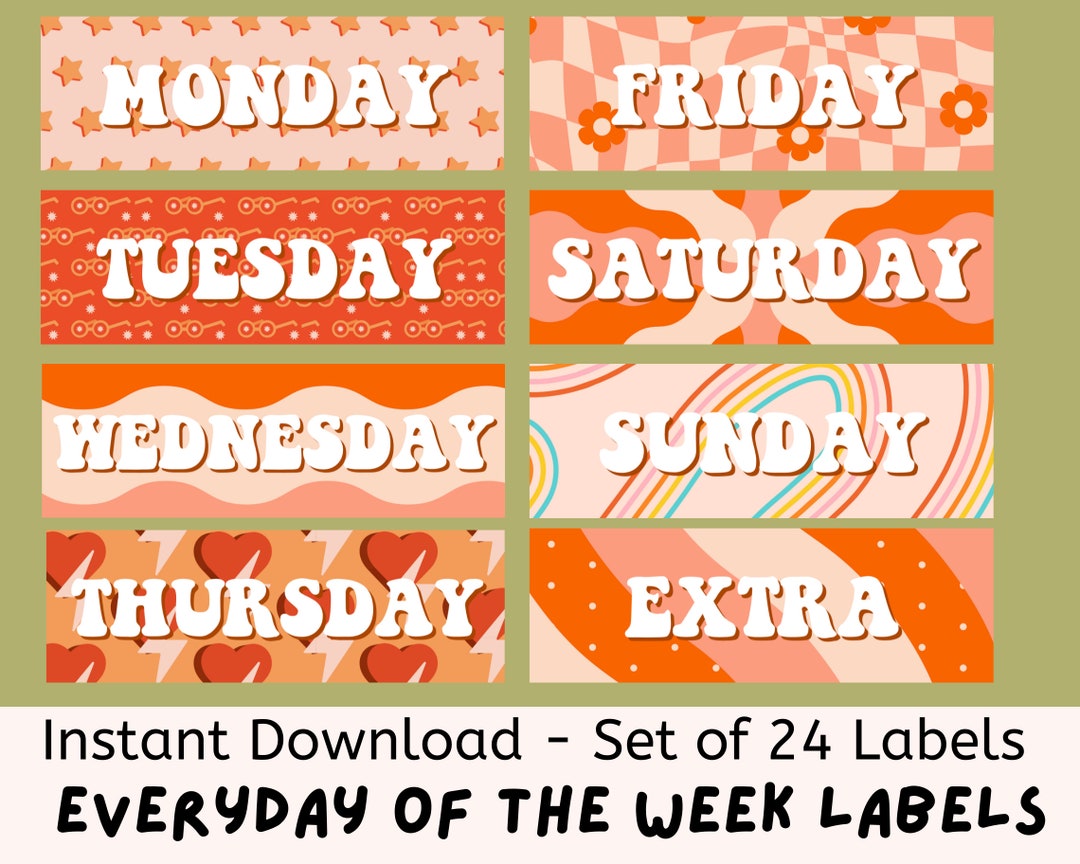 Groovy Weekday Labels (set of 24) Printable Labels, Digital Downloads ...
