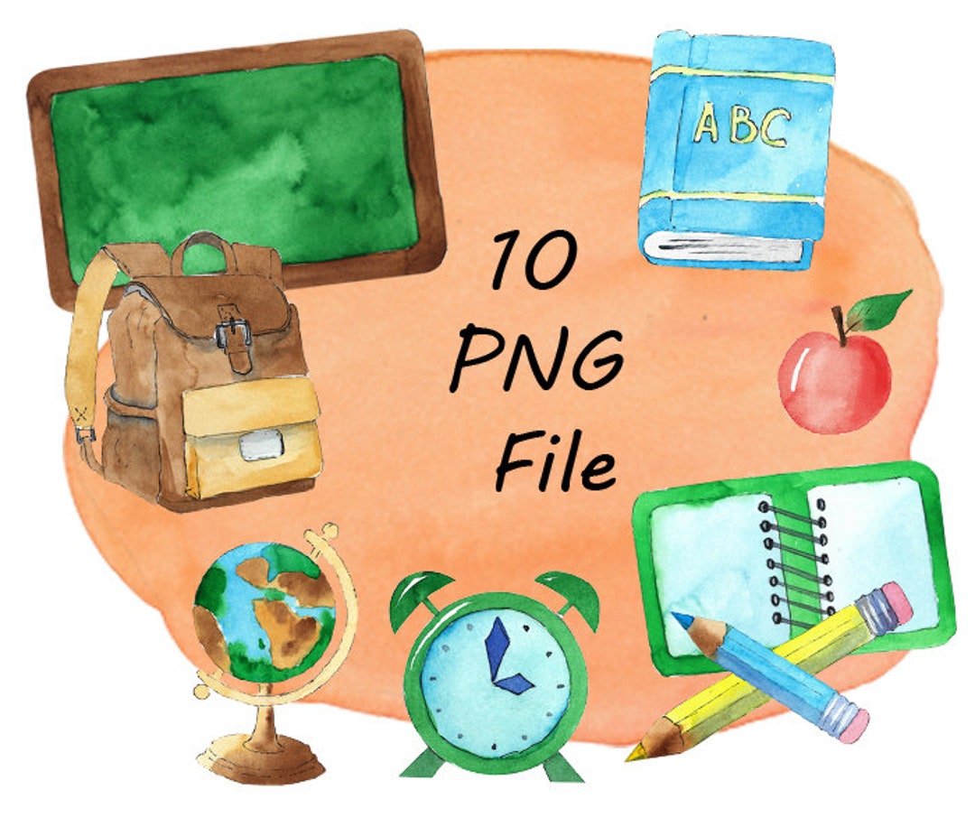 Watercolor School Supplies Digital Clipart, Back to School Clipart, PNG ...