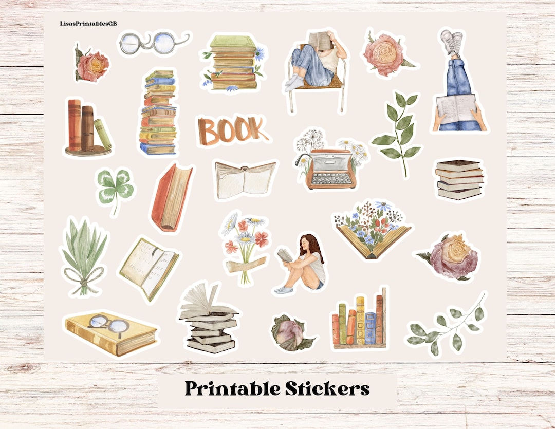 Book Lovers Printable Stickers, Books and Foliage, A4 Sheet, DIY ...