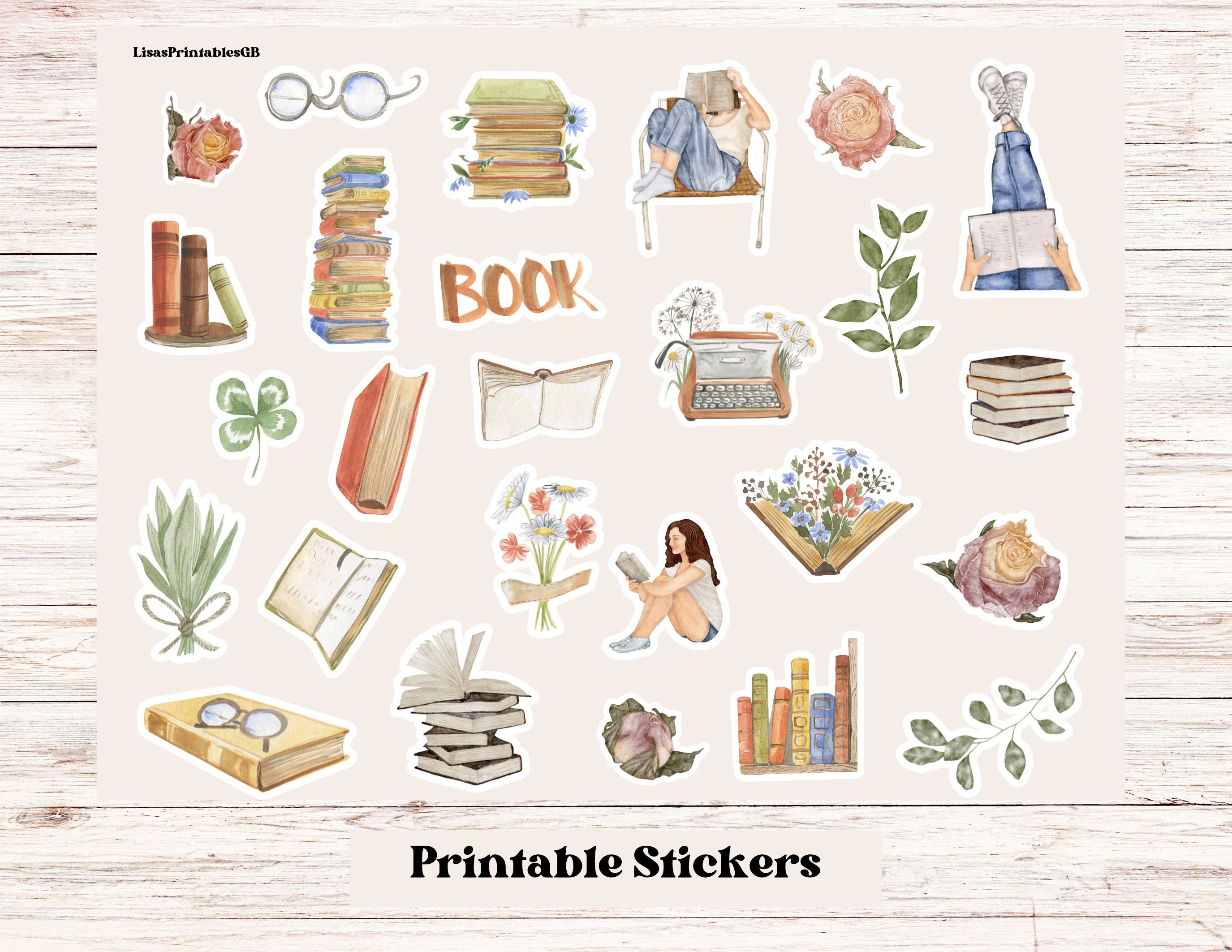 Book Lovers Printable Stickers, Books and Foliage, A4 Sheet, DIY ...