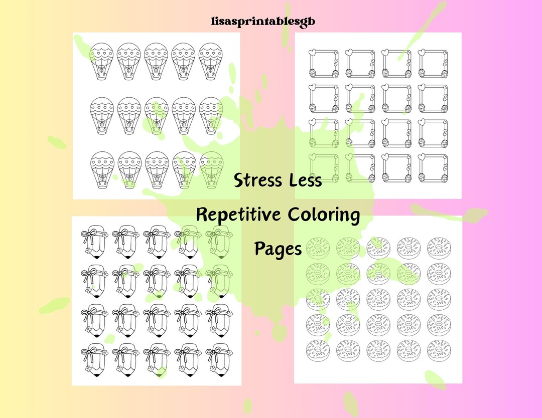 Stress Less Coloring Pages, 6 Different Pages. 8" X 8" (20.32cm X 20 ...