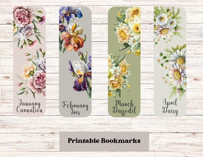 Birth Flower Printable Bookmarks, Month and Name of Flower. 1.8"w X 6"h, Great Book Lovers Gift ...