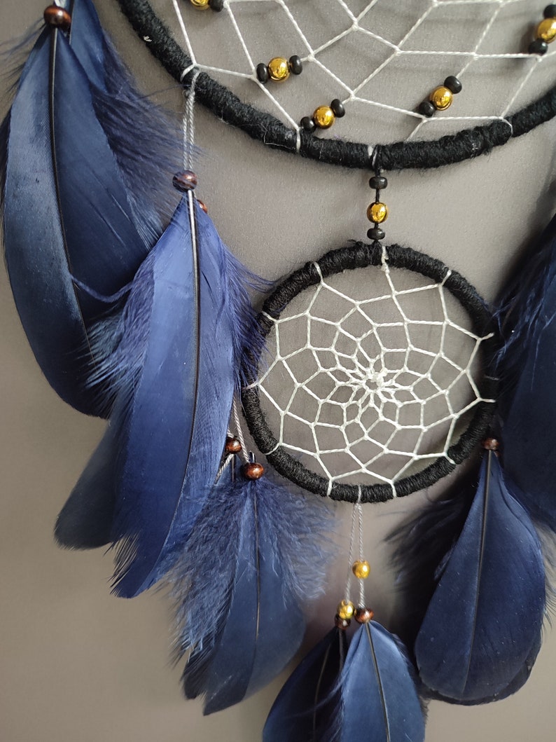 Personalized Dreamcatcher, Tiger Eye, Navy Blue Feathers Boho Dream ...
