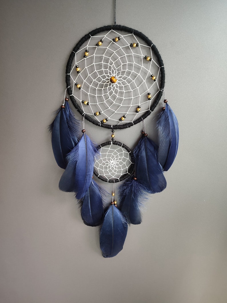 Personalized Dreamcatcher, Tiger Eye, Navy Blue Feathers Boho Dream ...