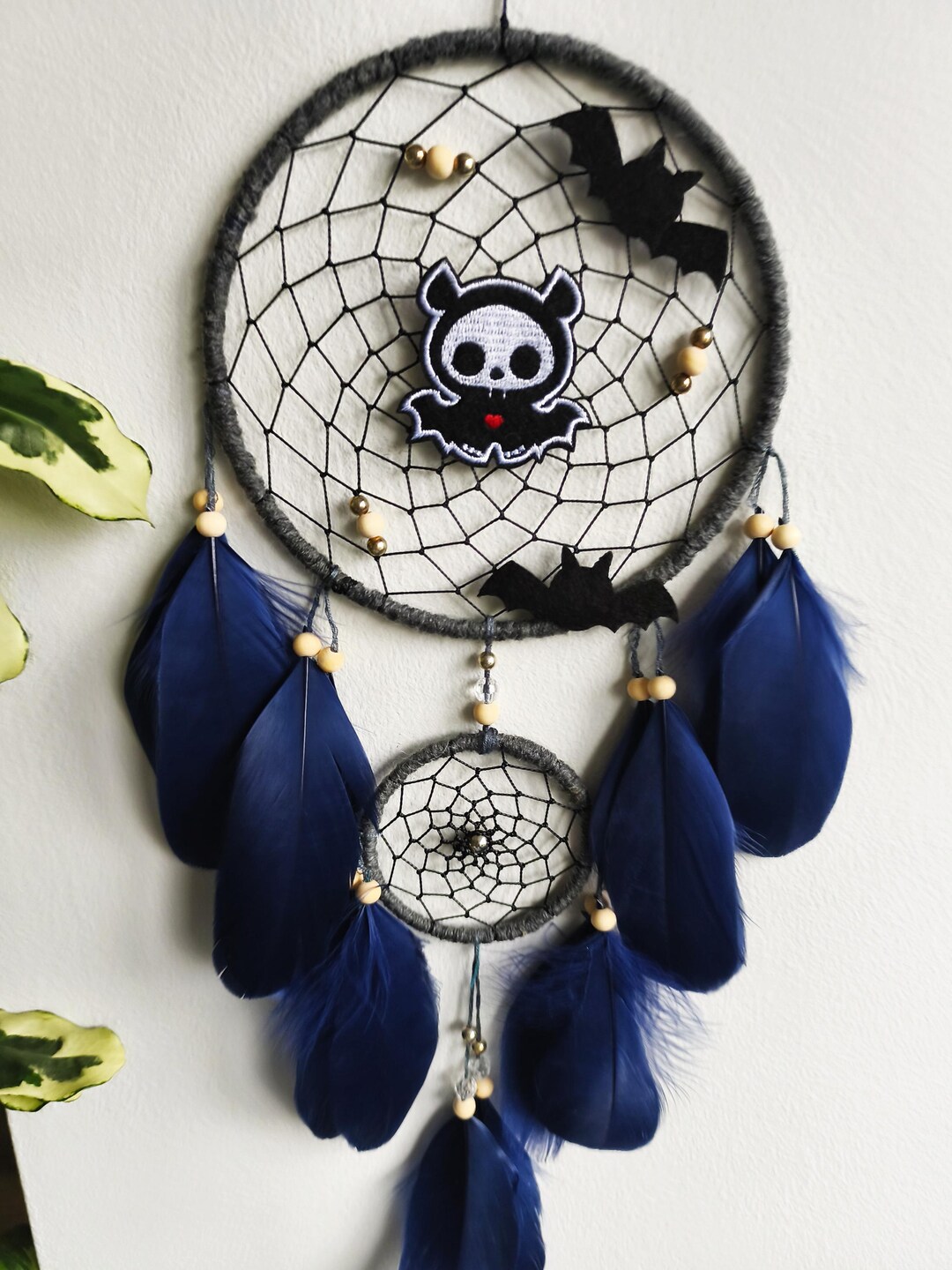 Gothic Bat Dreamcatcher, Blue Feathers, Spooky Nursery Decor ...