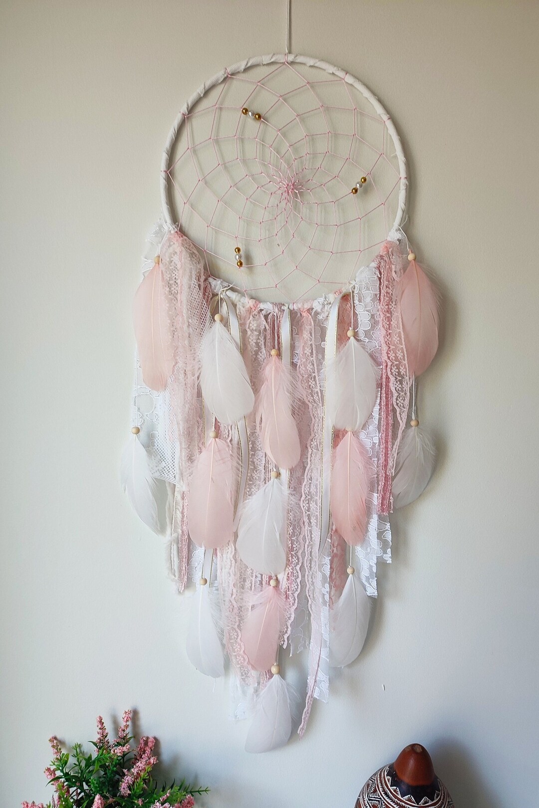 Boho Nursery Decor Girl Dream Catcher, Bohemian Wall Hanging White Pink ...