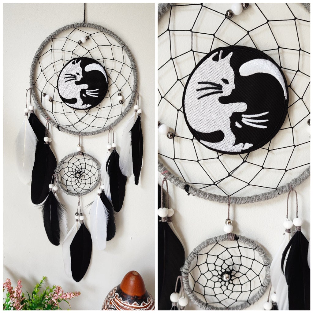Yin Yang Cat Dreamcatcher Tapestry Wall Hanging, Dream Catcher Black ...