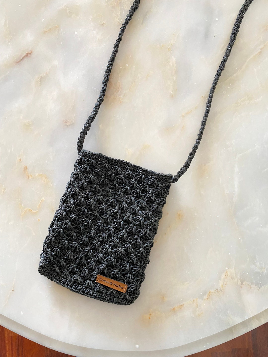 Cell Phone Bag , Black Paper Rope Telephone Bag, Crochet Cell Phone Bag ...