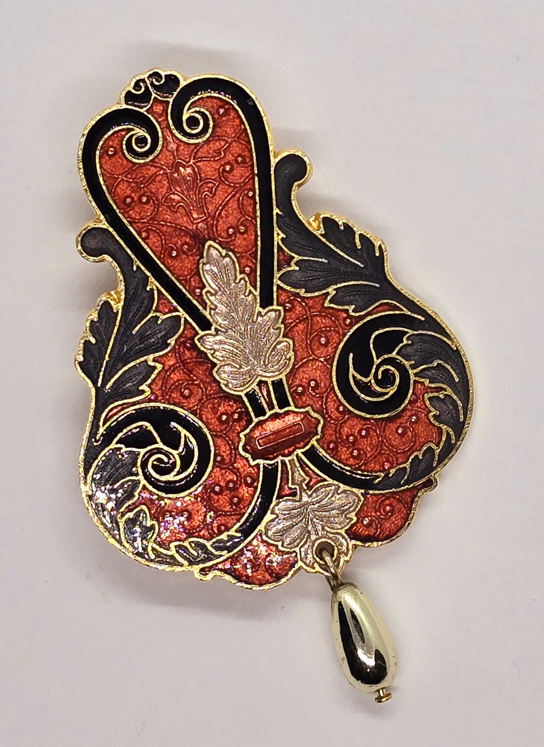 FISH Signed Cloisonne Enamel 1980s Chinese Style Red Vintage Brooch ...