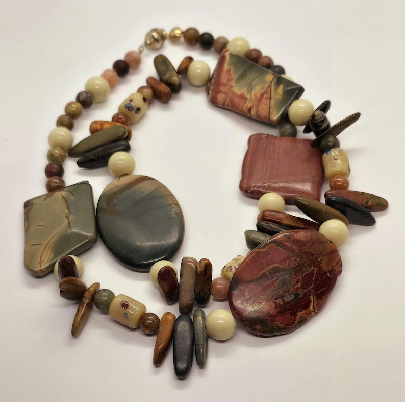 Vintage 1980s Jasper Gemstone Statement Necklace, Chunky Beaded Costume ...