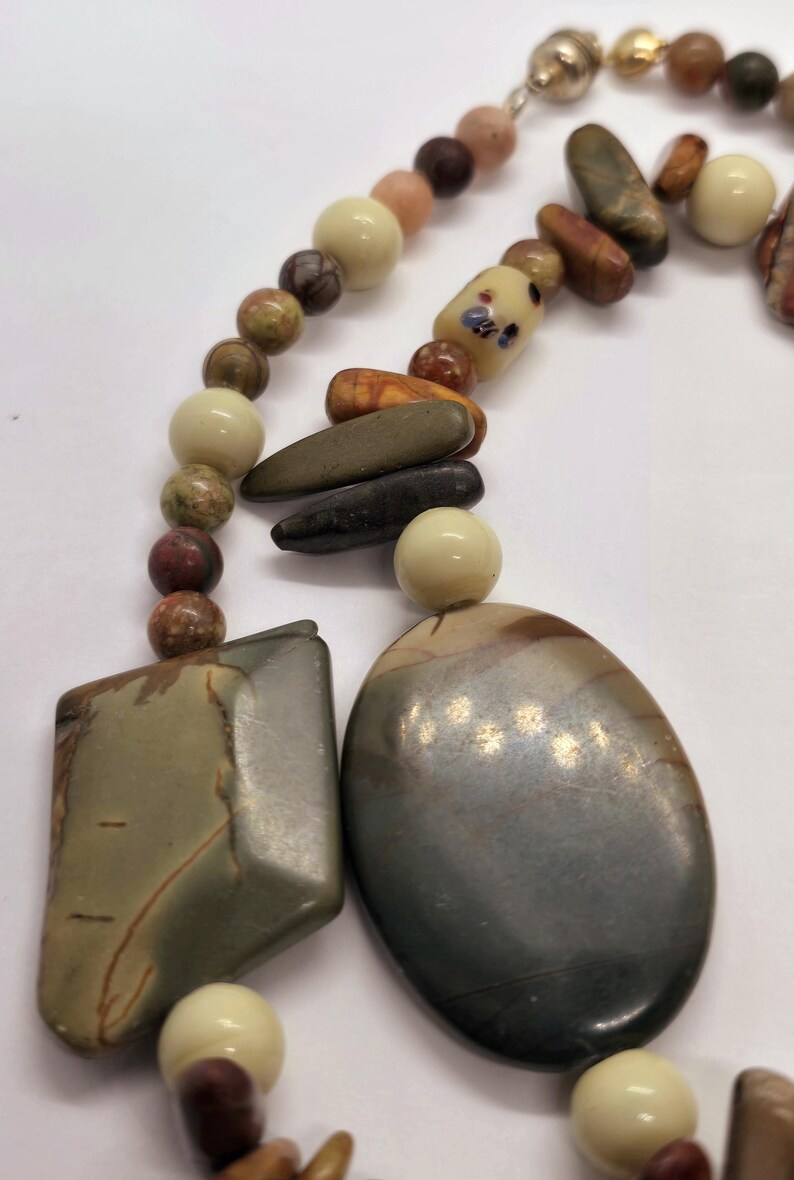Vintage 1980s Jasper Gemstone Statement Necklace, Chunky Beaded Costume ...