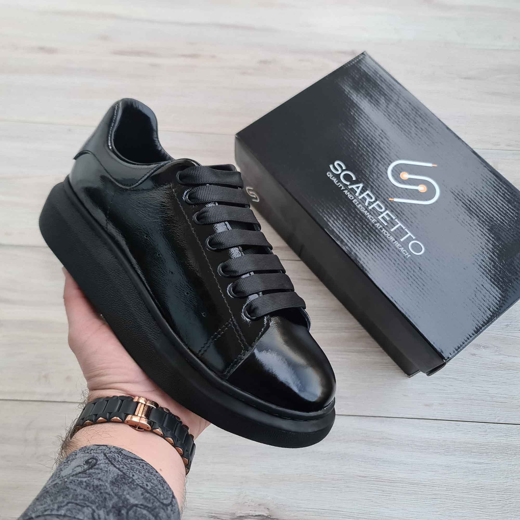 Black Shiny Genuine Leather Platform Sneakers | Handmade Black Shiny Genuine Leather Platform Sneakers | Handmade