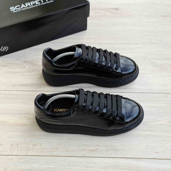 Black Shiny Genuine Leather Platform Sneakers | Handmade Black Shiny Genuine Leather Platform Sneakers | Handmade