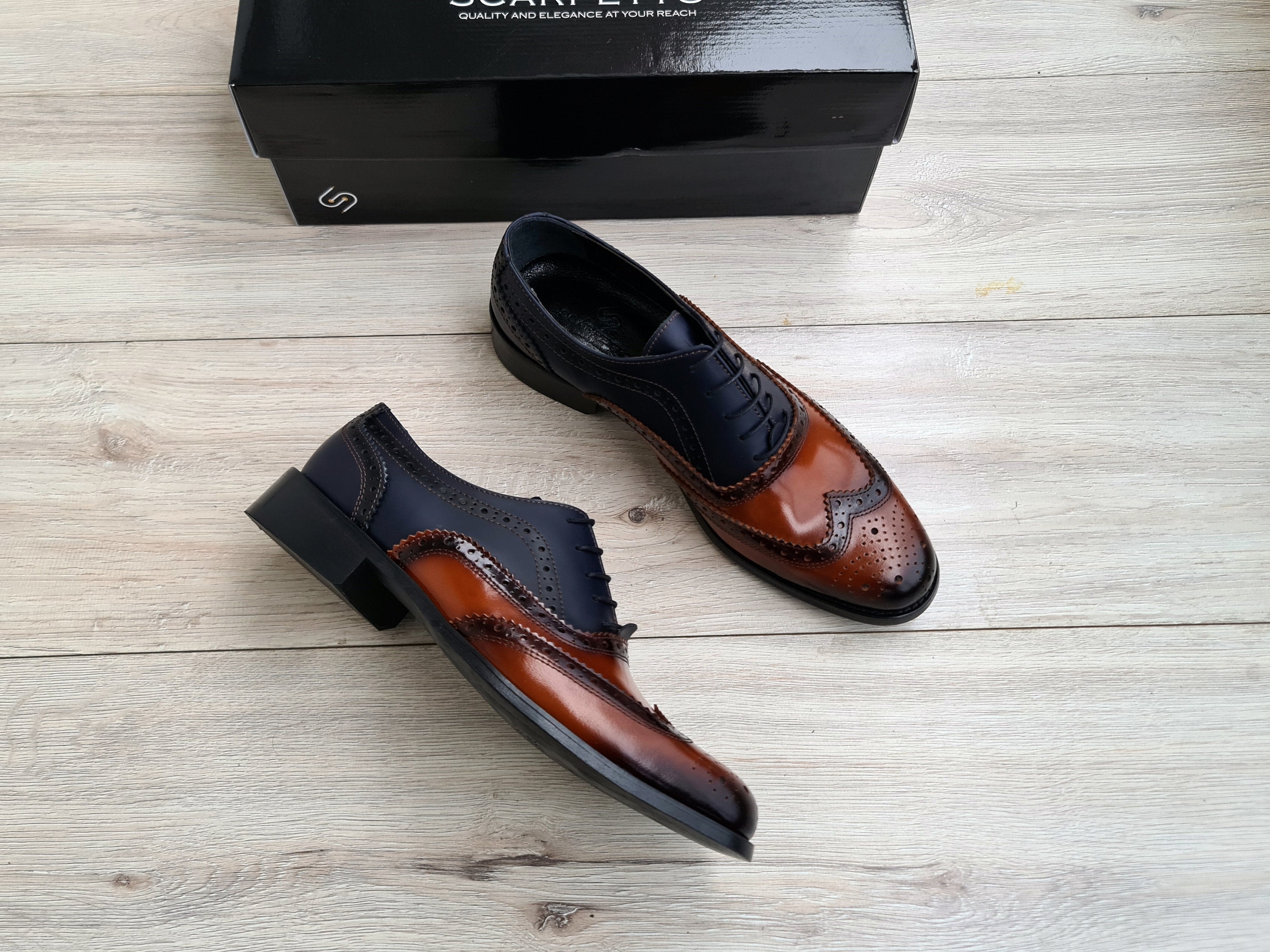 Handmade Leather Spectator Brown-navy Blue Wingtip Oxford Dress Shoe ...