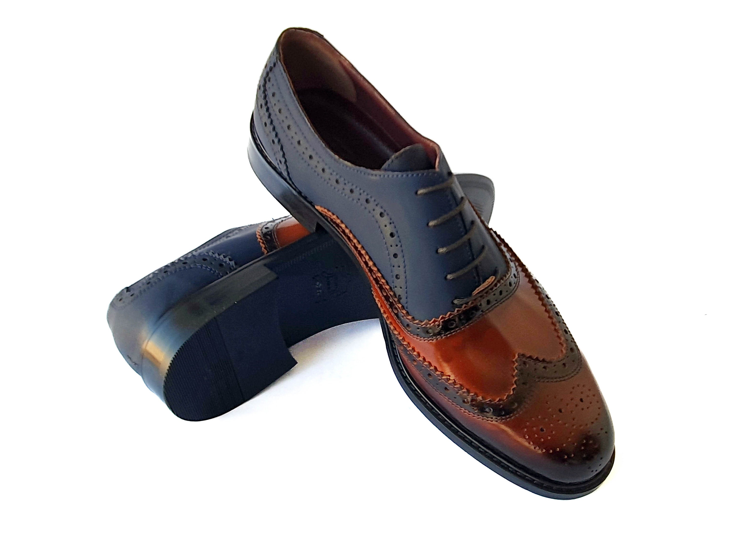 Handmade Leather Spectator Brown-navy Blue Wingtip Oxford - Etsy