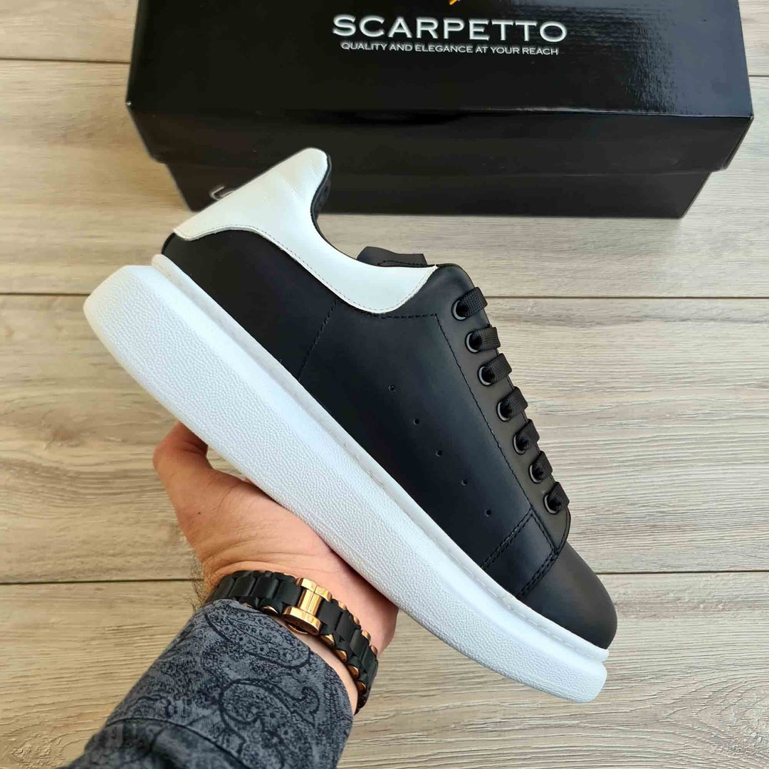 Black/white Genuine Leather Platform Sneakers | Handmade Lace up Shoe ...