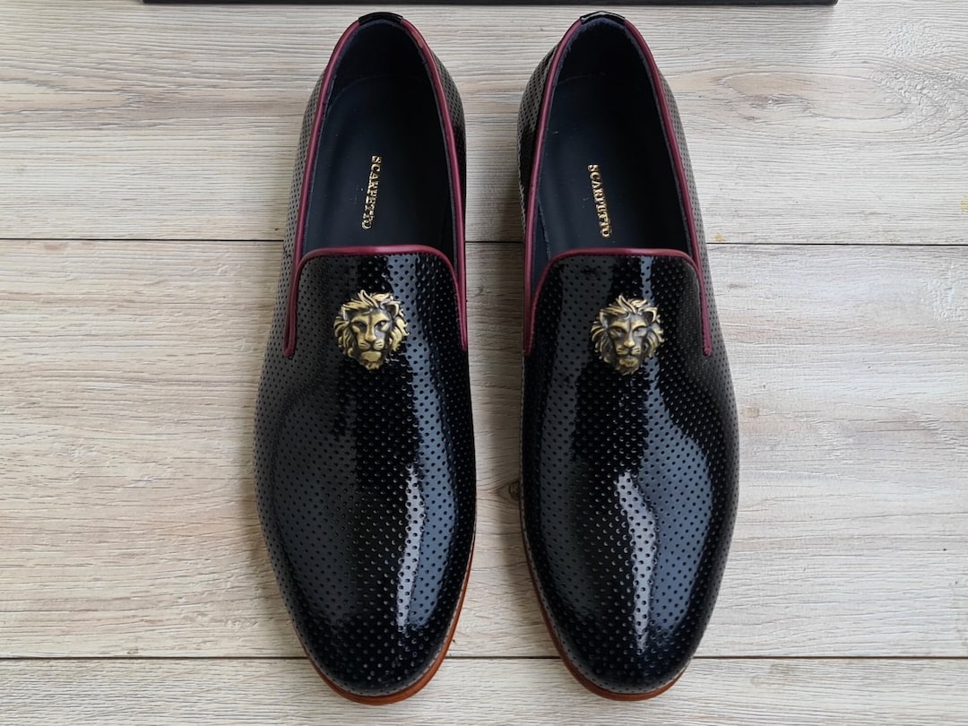 Handmade Black Leather Loafers: Men's Slip-on Dress Shoes With Lion ...