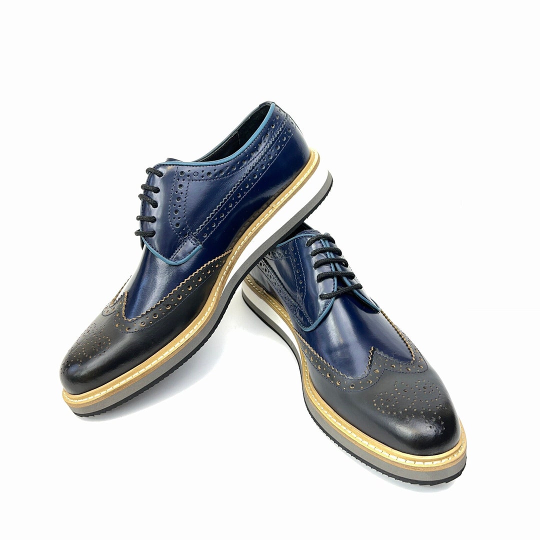 Navy Blue Wingtip Derby Shoes: Handmade Genuine Leather Lace-up - Etsy