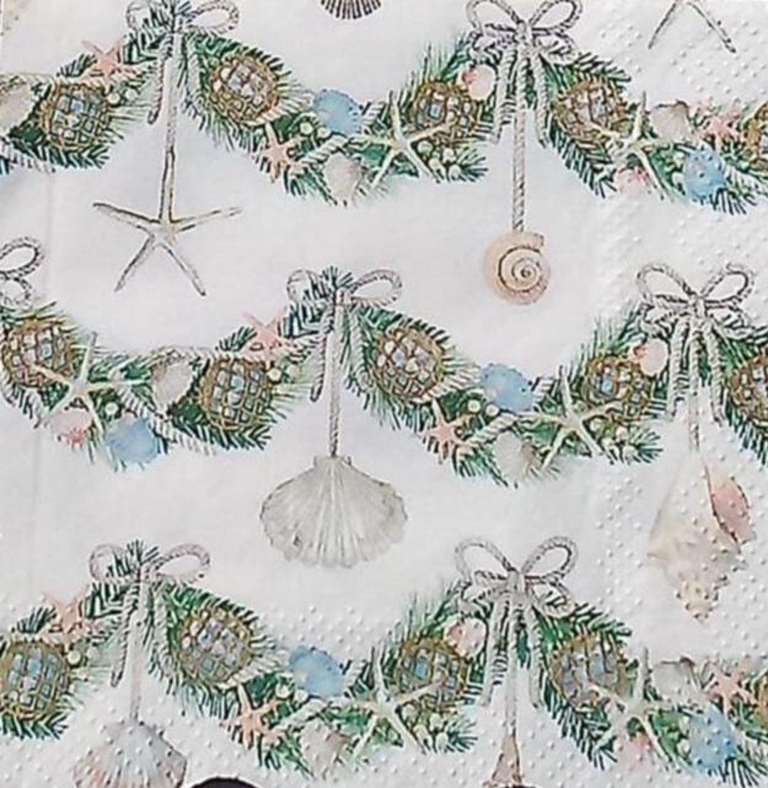 2 Decoupage Napkins, Christmas Garland With Sea Shells & Starfish Paper ...