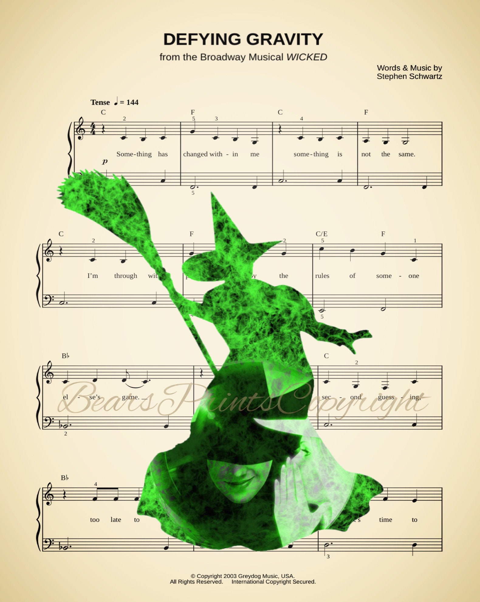 Wicked Musical Silhouette A4 Wall Art Song Sheet Music Print Defying ...