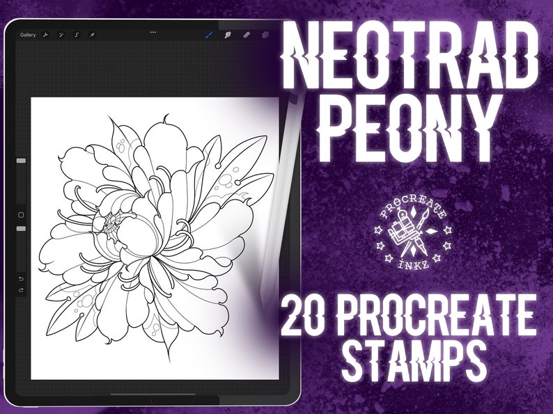 High-resolution Neotraditional Peonies Tattoo Stencils | Procreate ...