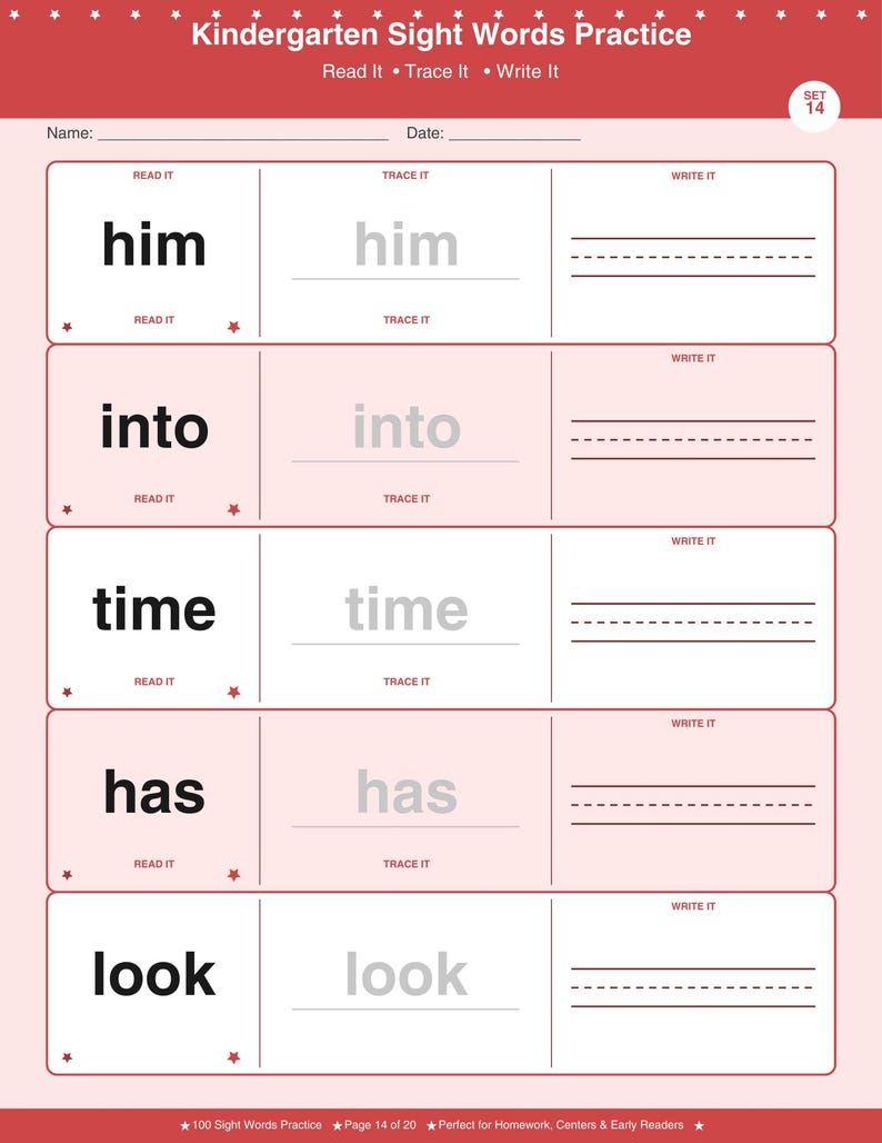 Kindergarten Sight Words Worksheets PDF, Dolch 200 Words, Read Trace ...