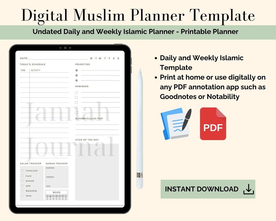 Muslim Daily and Weekly Planner Template for Goodnotes | Islamic ...