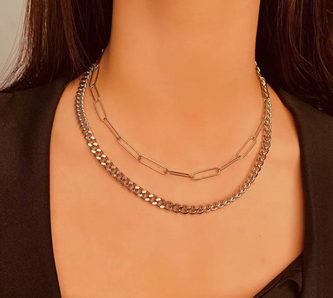Chic Double Layered Silver Chain Necklace Paperclip and Cuban Curb ...