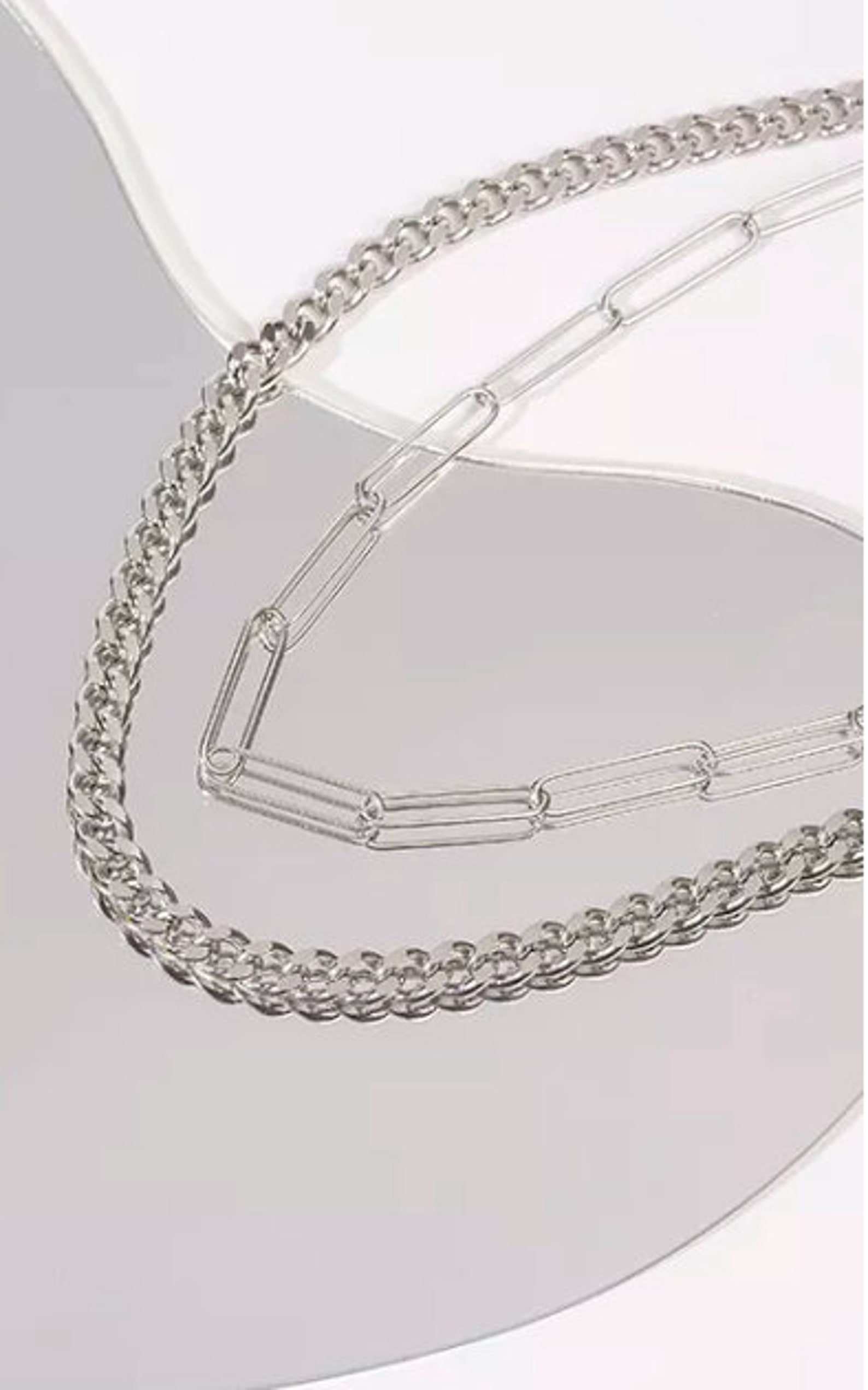 Chic Double Layered Silver Chain Necklace Paperclip and Cuban Curb ...