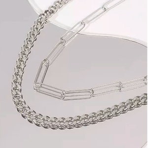 Chic Double Layered Silver Chain Necklace Paperclip and Cuban Curb ...